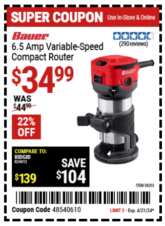 Bauer Trim Router on sale at HF via coupon. - The SawdustZone